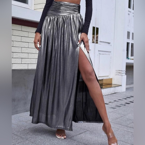 Skirts | Silver Pleated Maxi Thigh High Skirt | Poshmark